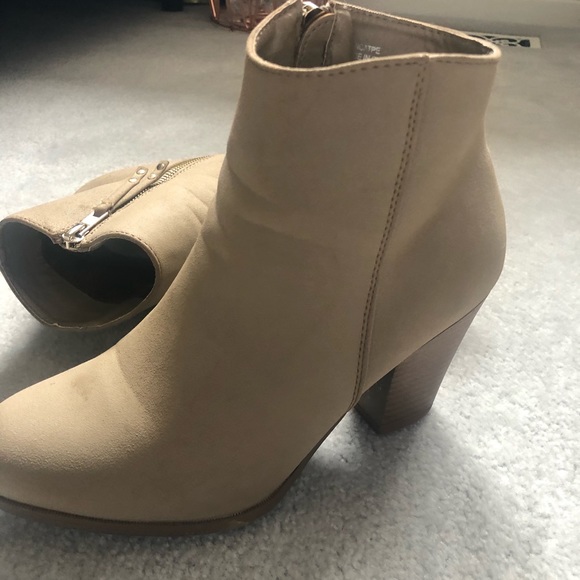 Shoes | Beige Fauxsuede Heeled Booties Size 4 | Poshmark